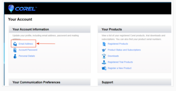 KB Corel: Corel.com: How to change or update your Corel.com email address